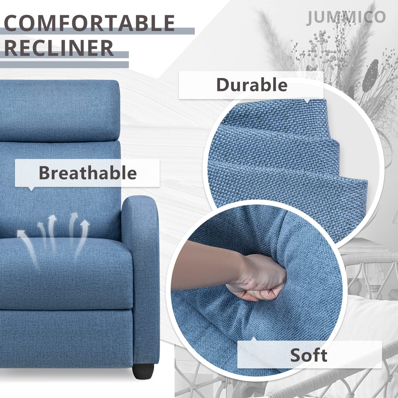 JUMMICO Recliner Chair Adjustable Home Theater Single Fabric Recliner Sofa Furniture with Thick Seat Cushion and Backrest Modern Living Room Recliners (Modern, Light-blue)