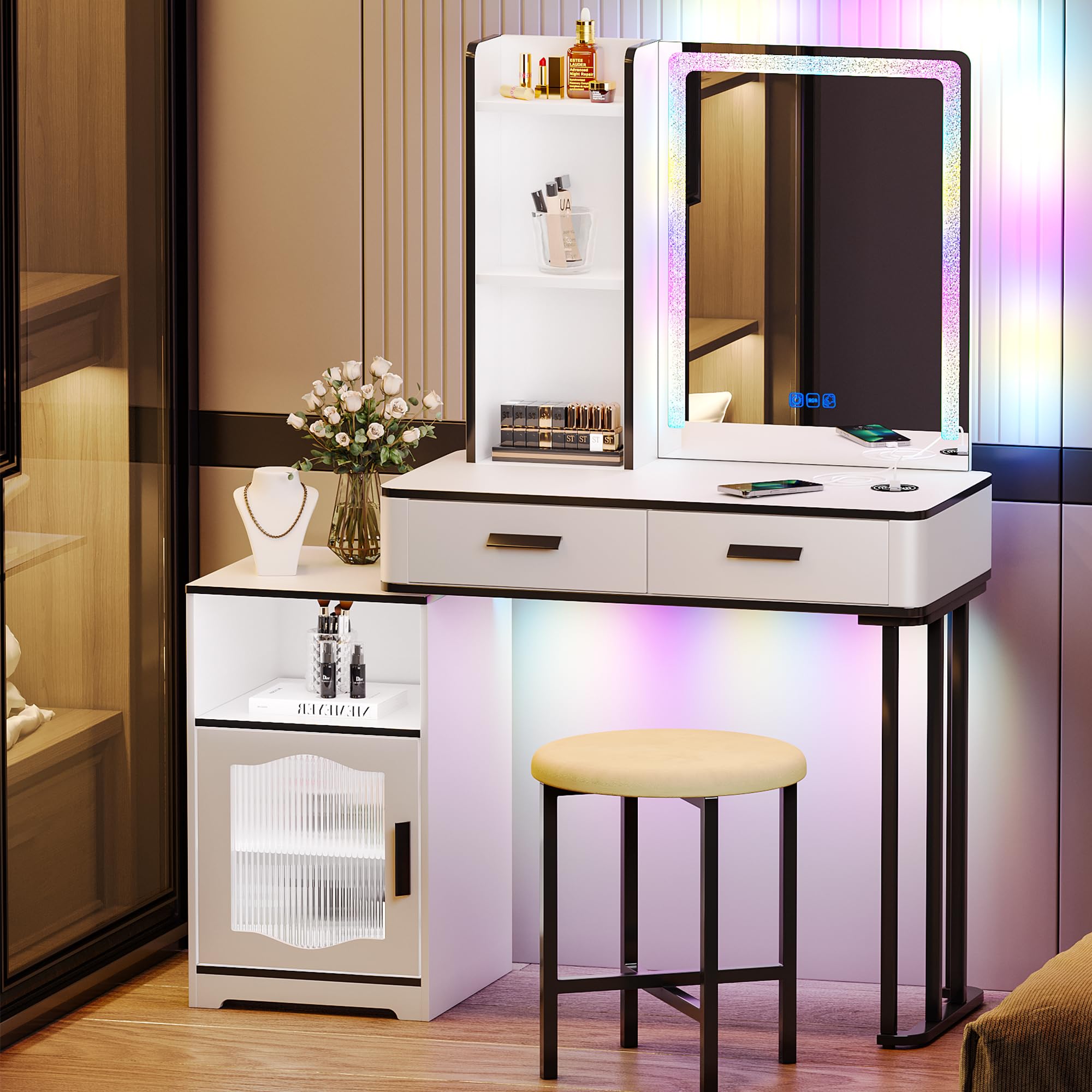 JDPAG RGB Makeup Vanity Set with Wireless Charging Station,Vanity Table with USB&Type-C Ports,7 Dynamic and 7 Static Dimmable Vanity Desk with Storage Shelf and Cushion Stool