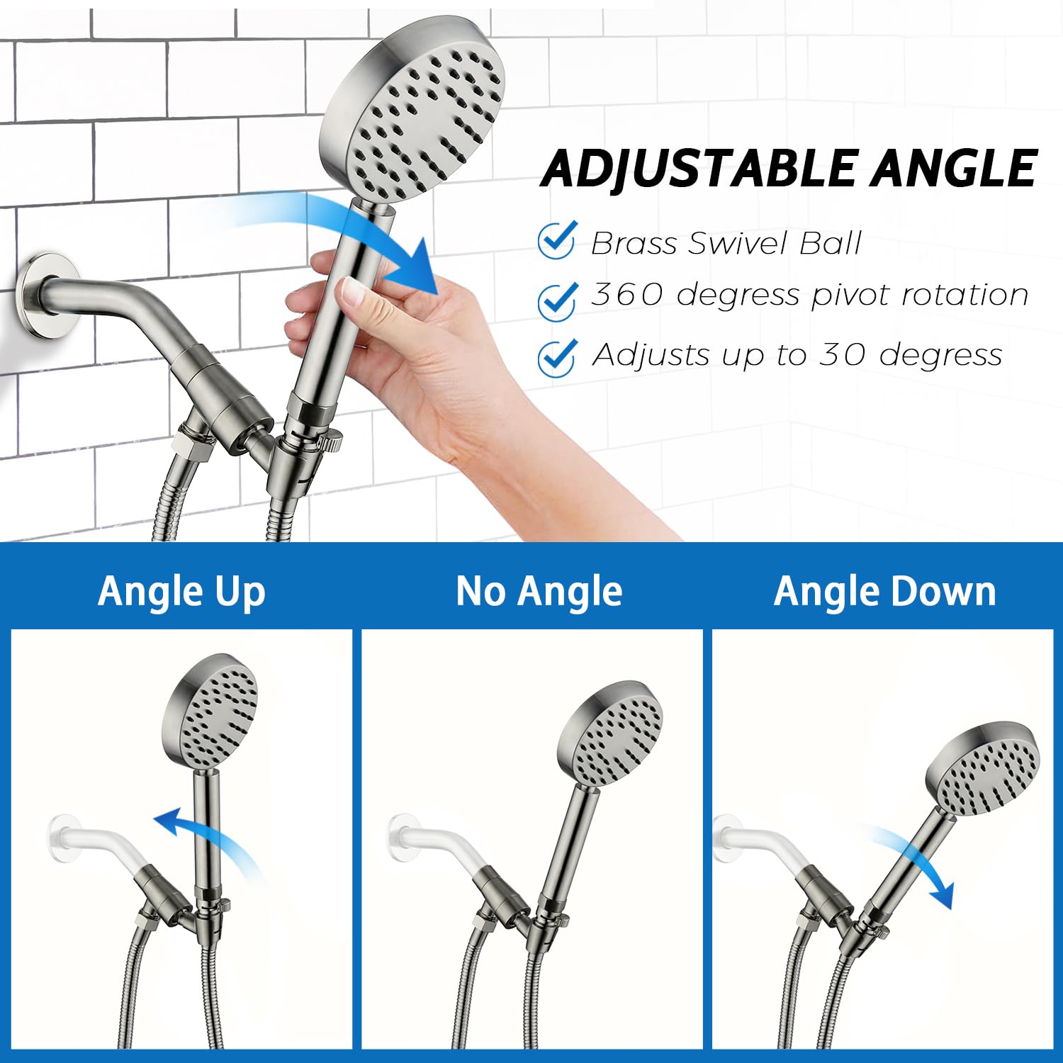 Solid Metal Brushed Nickel Handheld Shower Head With Extra Long Stainless Steel Hose & Brass Holder,Equipped with Flow Valve to Control Water Pressure, Hotel Quality
