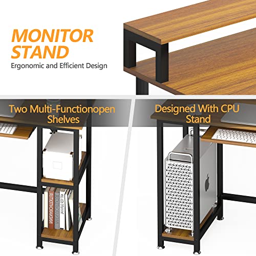 JSungo Small Computer Desk with Monitor Stand, 47 Inch Office Desk with CPU Shelf and Dual Storage Bookshelf for Small Space, Sturdy Writing Table with Keyboard Tray for Home, Natural