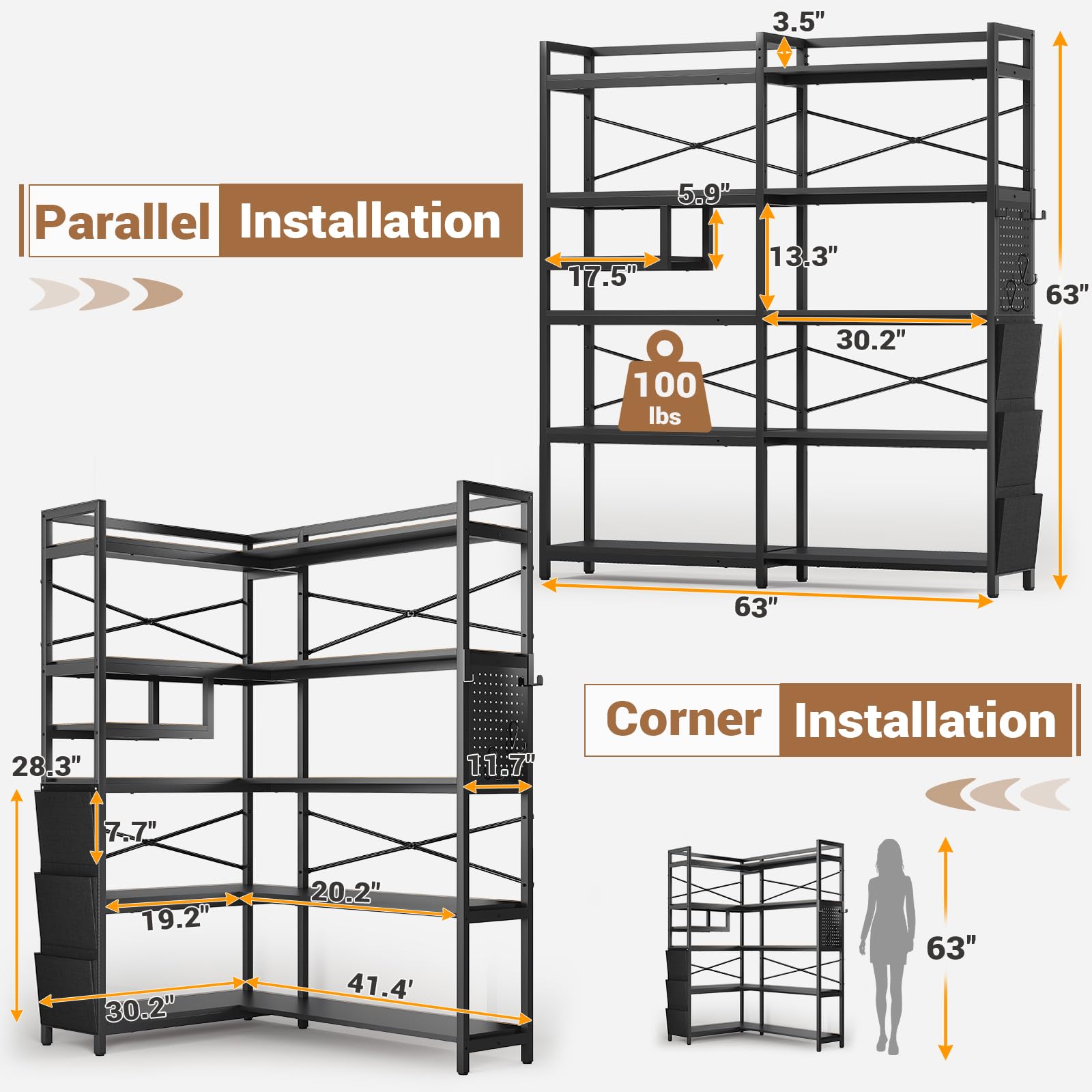 Itaar 5-Tier Book Shelf, Reversible 70.8" W Bookcase Storage Shelves or Corner Bookshelf, Bookshelf with LED Light, 2 Pegboards, Storage Bag & 4 Hooks for Bedroom, Black
