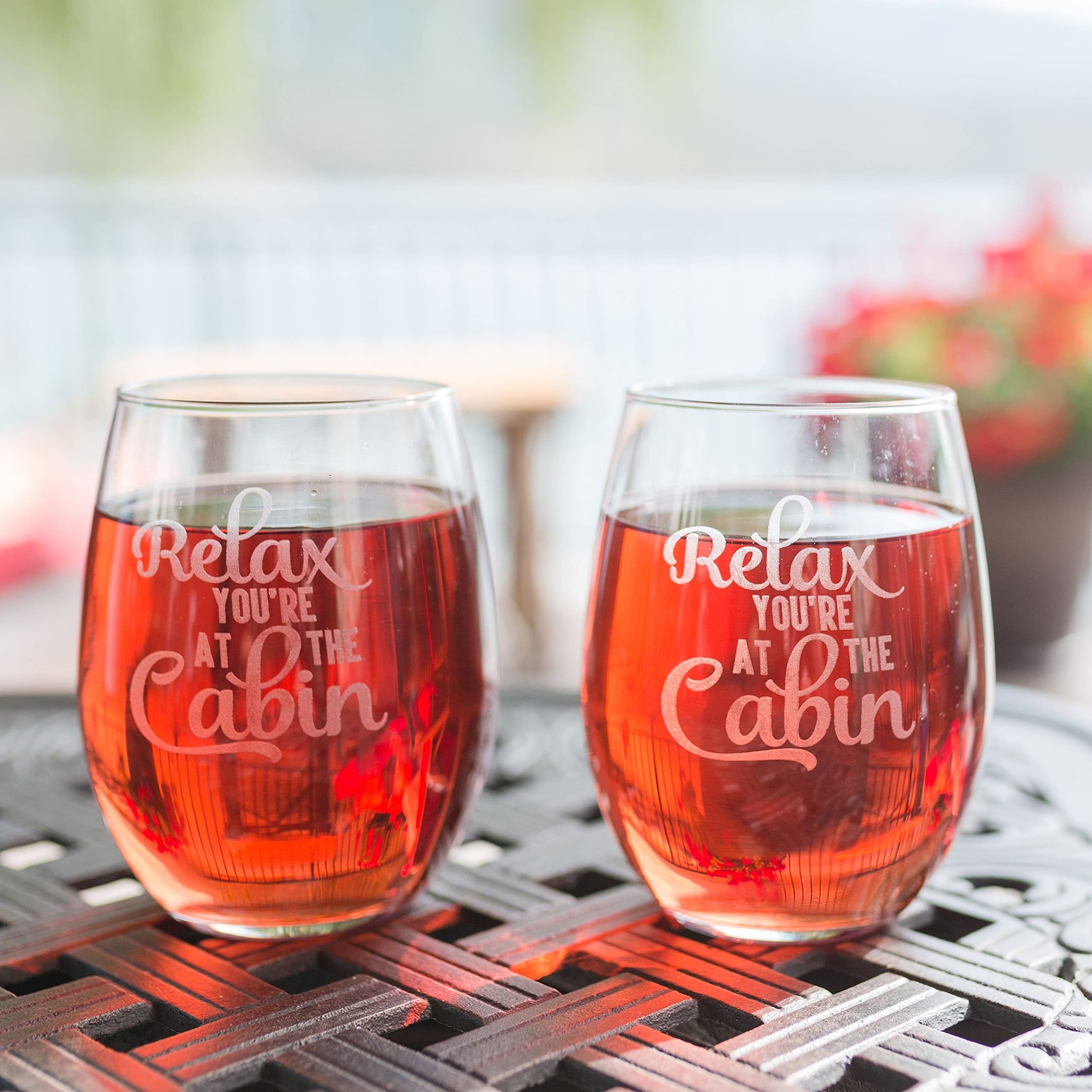 Log Home Decor Stemless Wine glasses Set of Two - Gifts for the Cabin - Retirement Gifts for Men