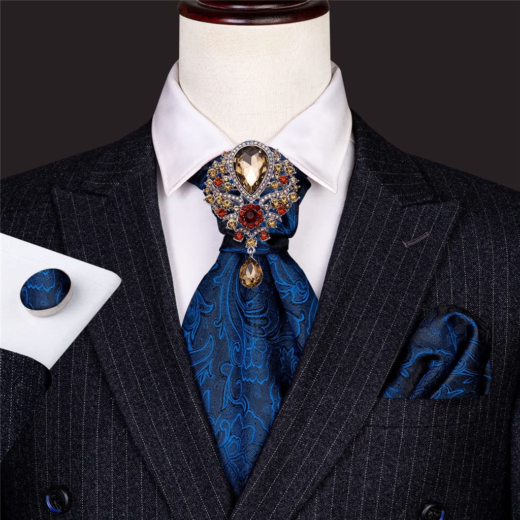 MJWDP Silk Men Cravat Tie Handky Cufflinks Set Rhinestone Brooch British Style Formal Gentlemen Wedding Party (Color : J, Size : One Size)