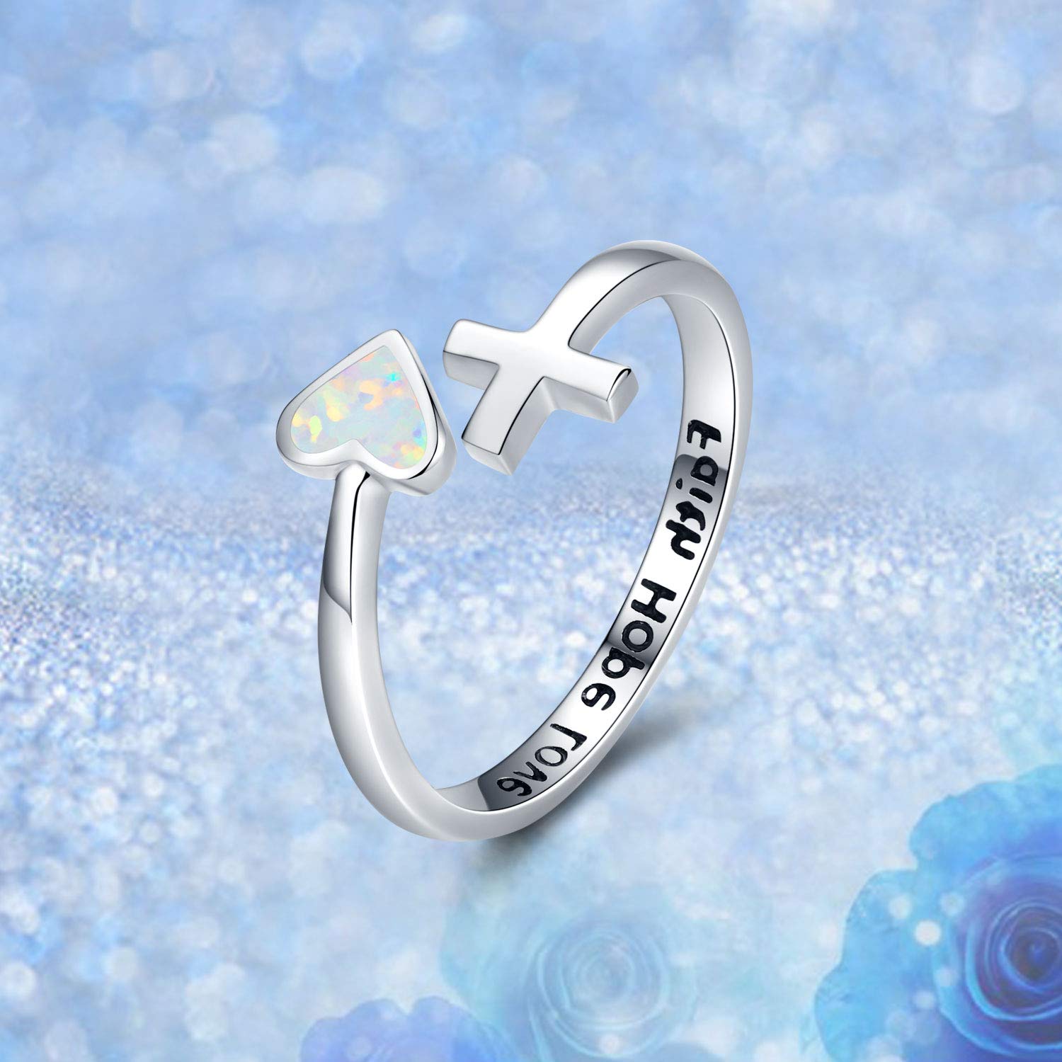 JUSTKIDSTOY S925 Sterling Silver Love Heart Ring Engraved Faith Hope Love Blue/White Open Adjustable Opal Wrap Rings Inspirational Jewelry for Women (White Opal-6)