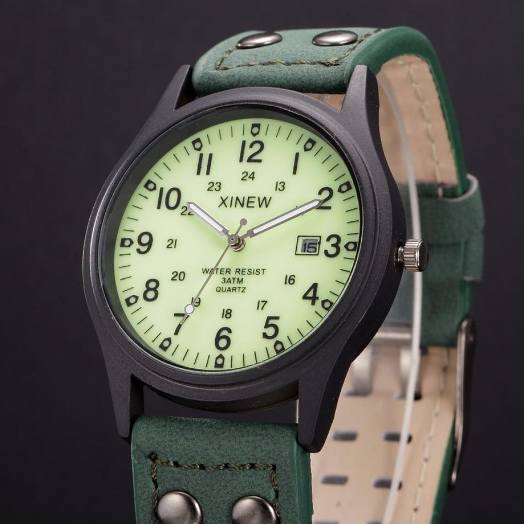 IEason,Vintage Classic Men's Waterproof Date Leather Strap Sport Quartz Army Watch (Light Green)