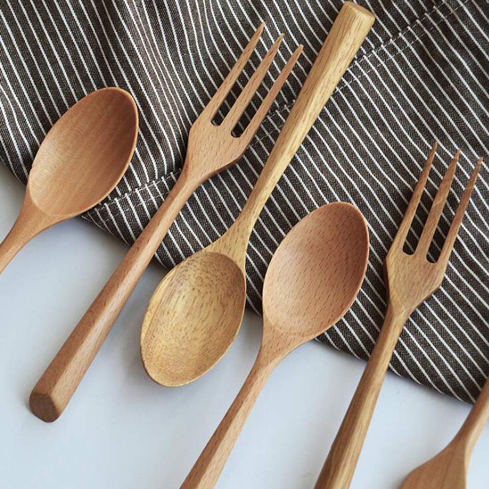 Kyien 6Pcs Wood Soup Spoons And Forks Sets Natural Wood Eating Utensils Wooden Flatware Set,Eco Friendly Wood Cutlery Wooden Dinner Fork And Spoon,3 Spoons and 3 Forks