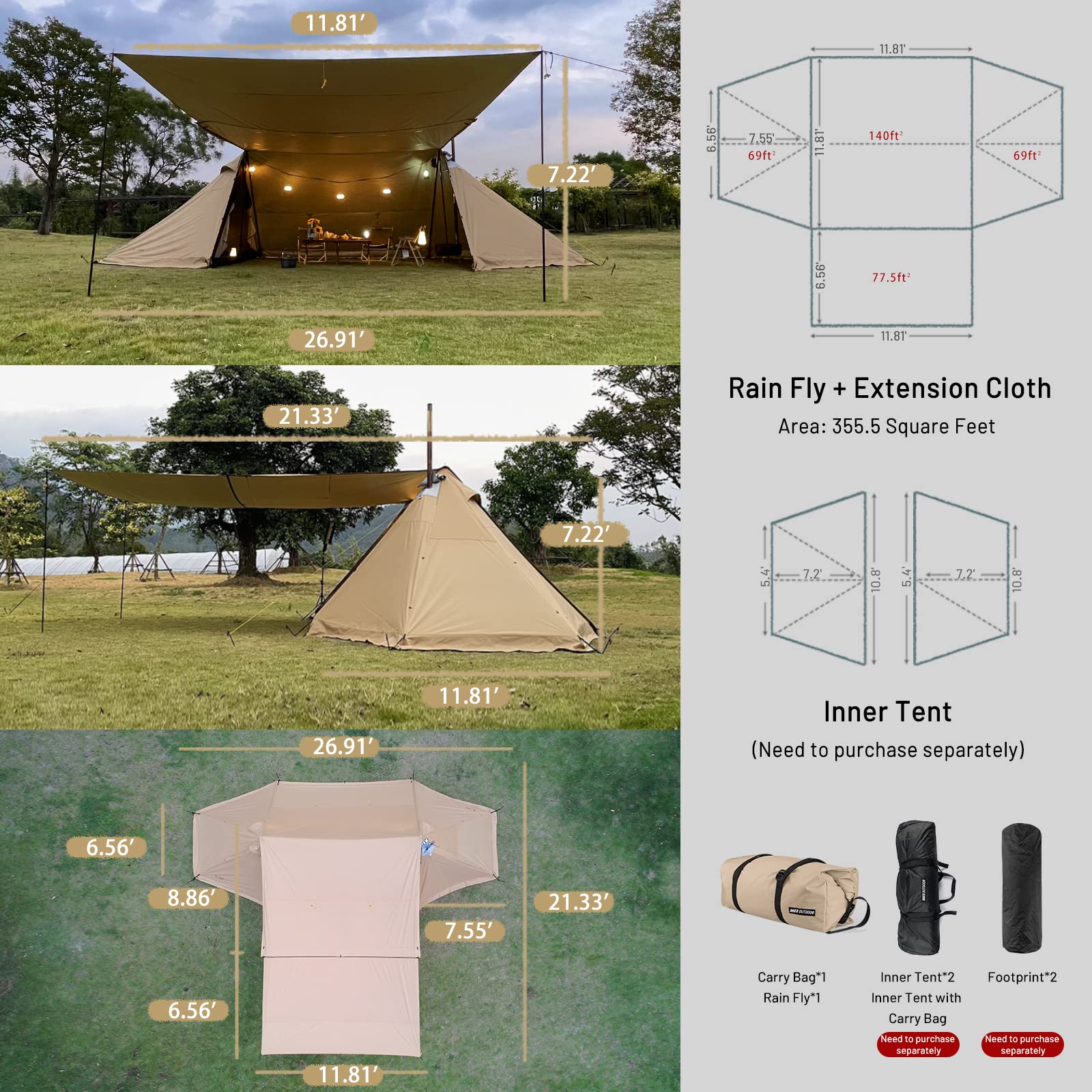 MIER LANSHAN Plus Cabin Tent for 5-8 Person, Khaiki