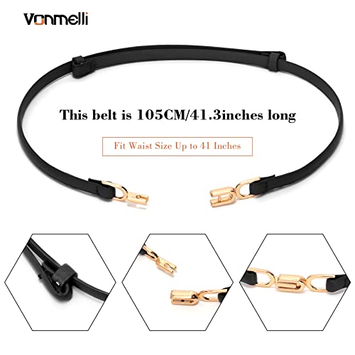 VONMELLI Women's Leather Skinny Belt for Dress Adjustable Thin Waist Belt for Ladies Black