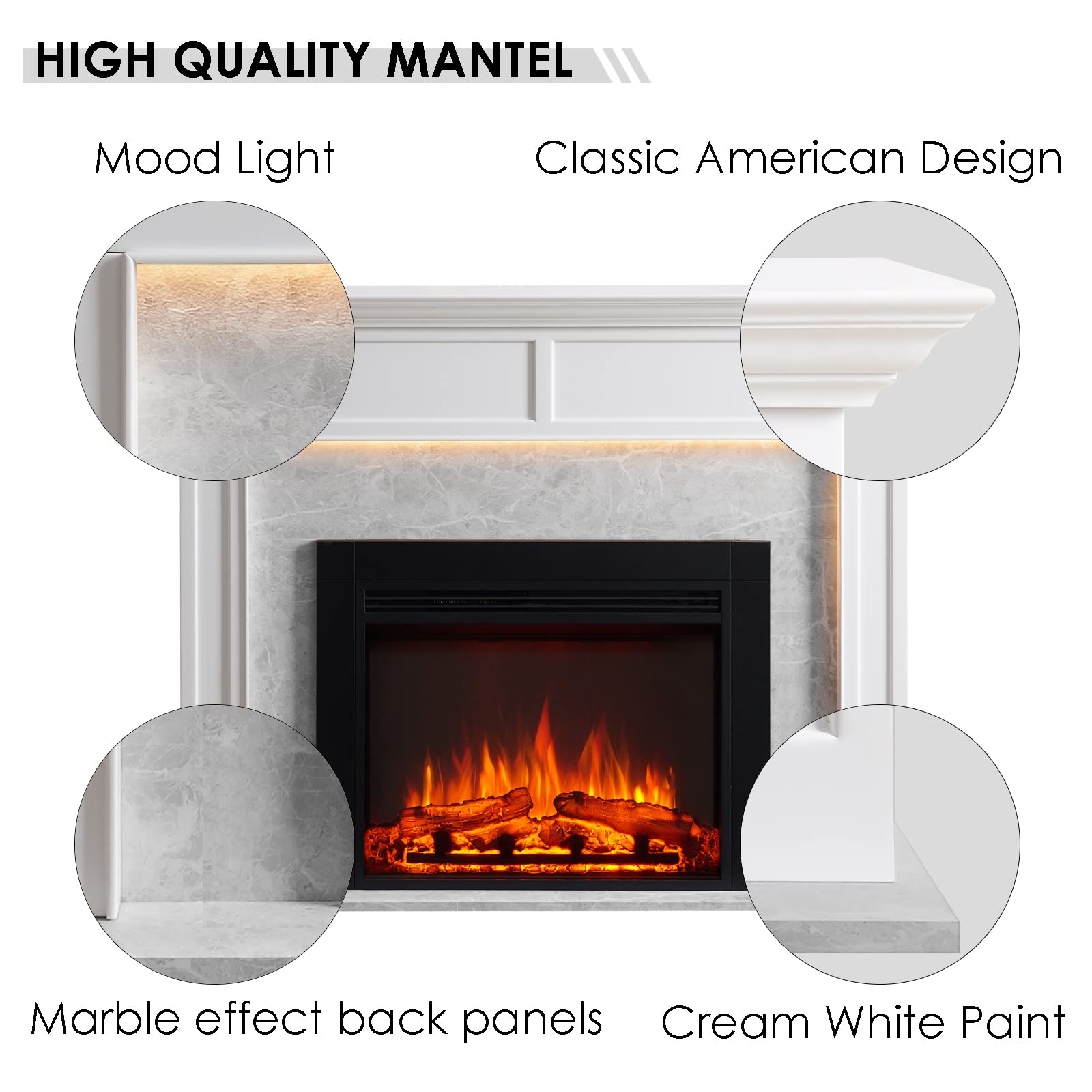 LegendFlame® Ashley Electric Fireplace with 60" Mantel Surround and Jaden 36" Insert, Cream White with Light Grey Marble Finish