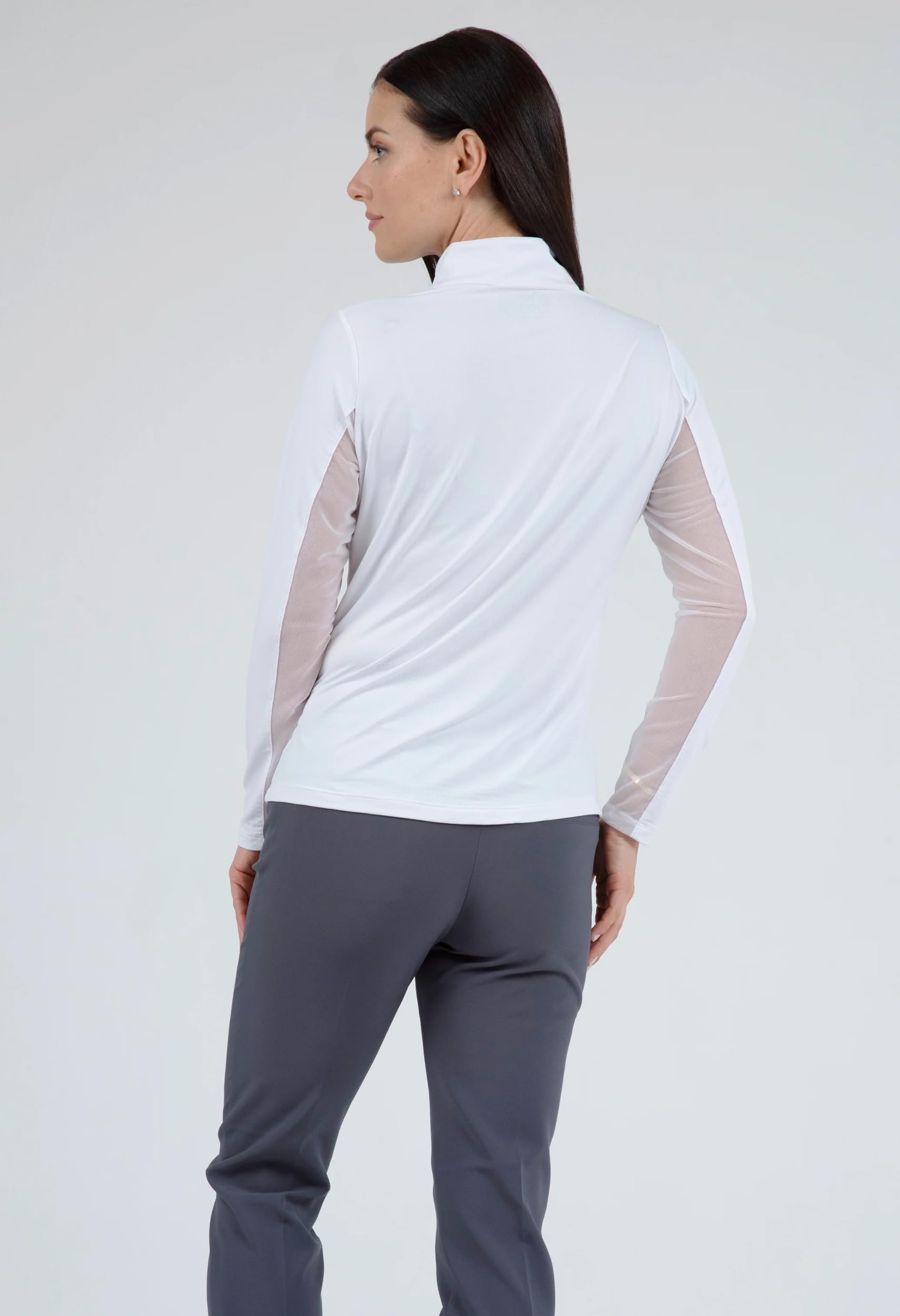 IBKUL Athleisure Wear Sun Protective UPF 50+ Icefil Cooling Tech Long Sleeve Mock Neck Top with Under Arm Mesh 80000 Seafoam Solid S