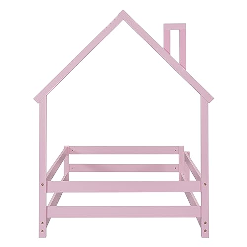 Twin Size Platform Bed, Wooden Platform Bed Frame with House-Shaped Headboard, Floor Bed with Fences for Kids Boys Girls Bedroom (Pink 01)