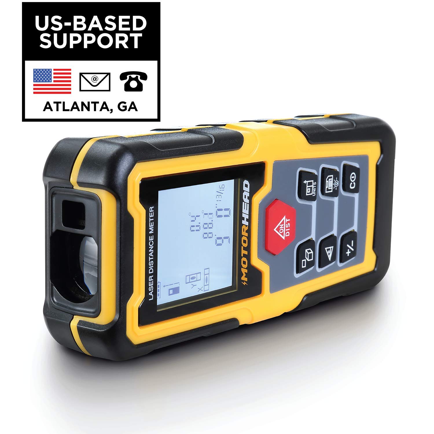MOTORHEAD 196Ft/60M Laser Measure, Laser Distance Measure w/Digital Level & Angle Sensor, M/in/Ft, 50 Data Set Storage, 3 Measurement Points, Backlit LCD, Pythagorean, Area & Volume Functions