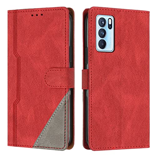 Wallet Case Compatible with Oppo Reno 6Pro 5G Case, Reno 6Pro 5G Wallet Case Slim PU Leather Phone Case Flip Folio Leather Case Card Holders Shockproof Protective Case with Wrist Strap ( Color : Verme