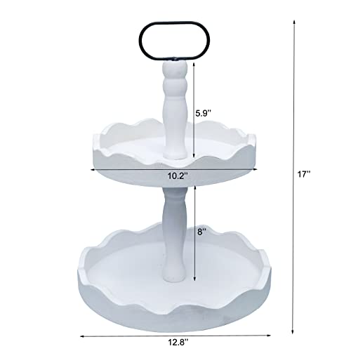 White Wood Two-Tier Tray with Metal Handle, Rustic Decorative Two Tiered Stand,Farmhouse 2 Tier Serving Tray for Kitchen Counter, Coffee Bar, Dining Room Table