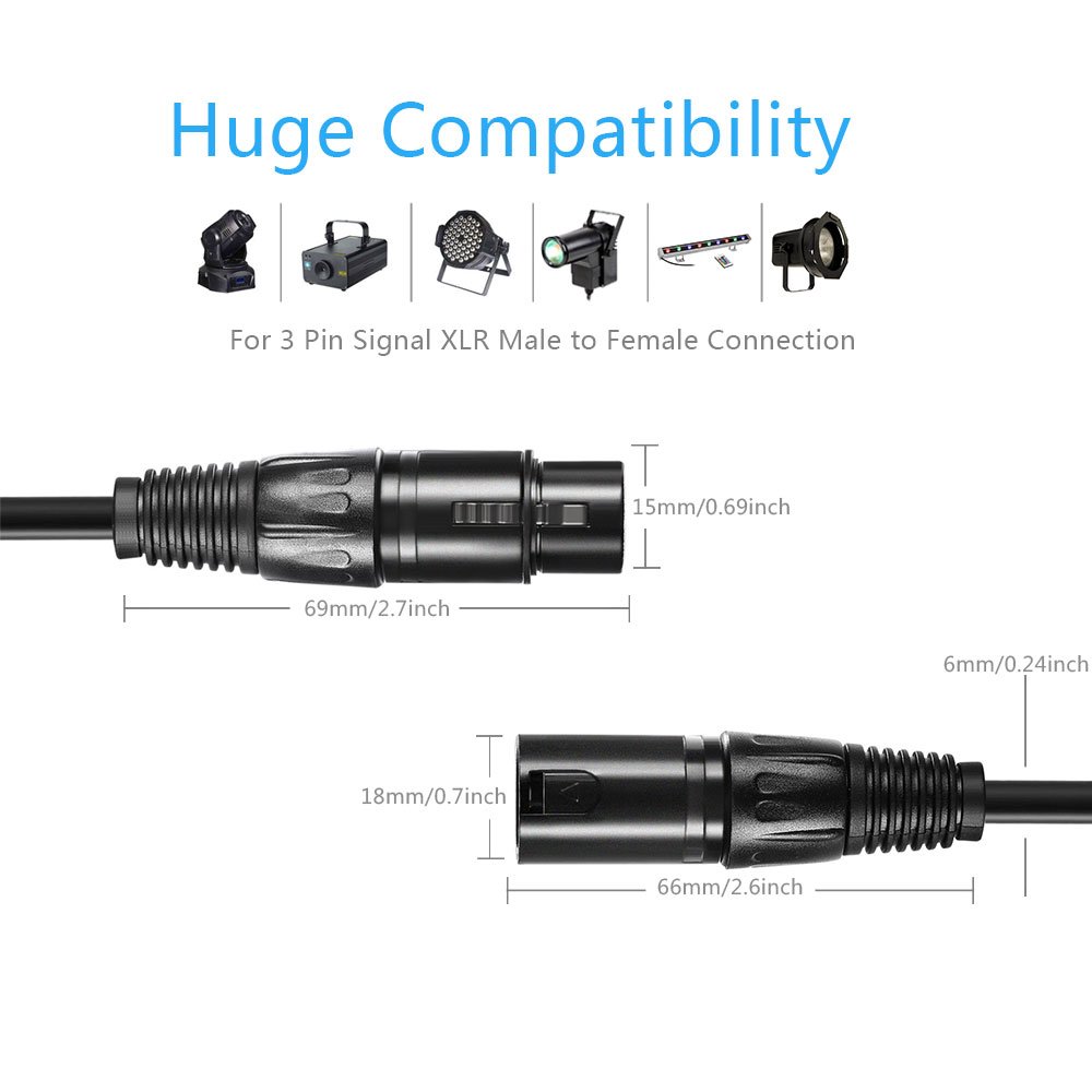 JLPOW 10 ft Flexible DMX Cable, Gold-Plated 3 Pin Signal XLR Male to Female DMX Cable Wire, Best for DJ Stage Lighting Moving Head Lights Par Light (4 Pack)
