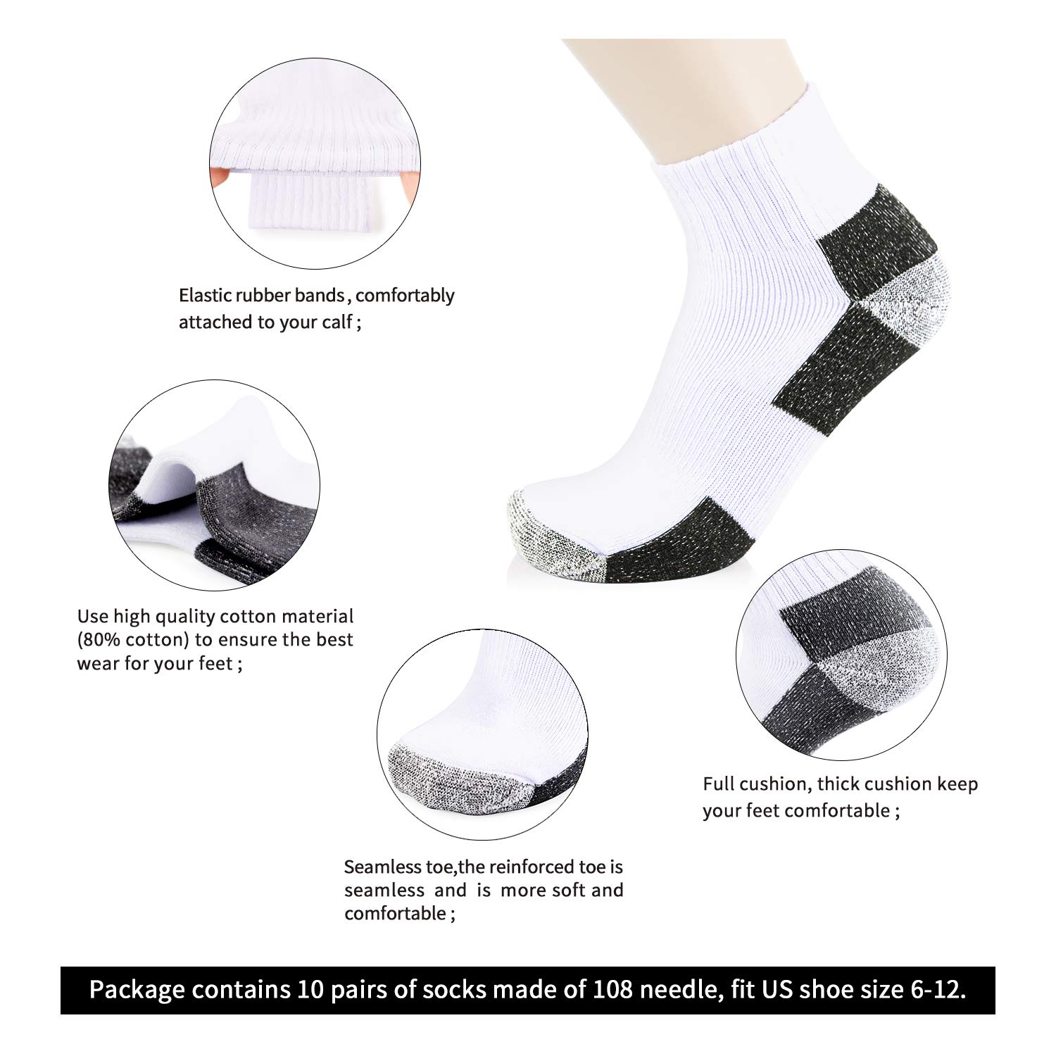 JOURNOW Men's Cotton Moisture Wicking Extra Heavy Cushion Sport Hiking Working Low Cut Socks 10 Pairs (10-13, White+Black)