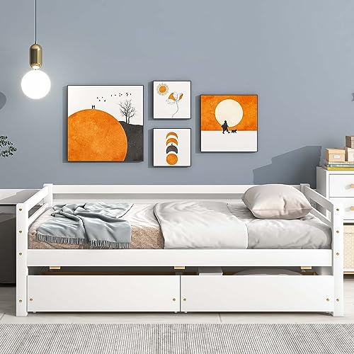Twin Size Wooden Daybed Frame with 2 Storage Drawers, Multifunctional Sofa Bed with Wood Slat Support for Living Room Boys Girls Adults, No Spring Box Needed, Space Saving (White)