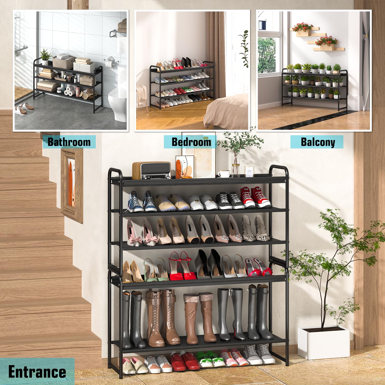 HYSEYY Long Shoe Rack for Closet, 3-tier Shoe Organizer Storage for Closet Holds 20-24 Pairs, Large Fabric Stackable Shoe Rack Shelf for Entryway, Bedroom, Floor, Black