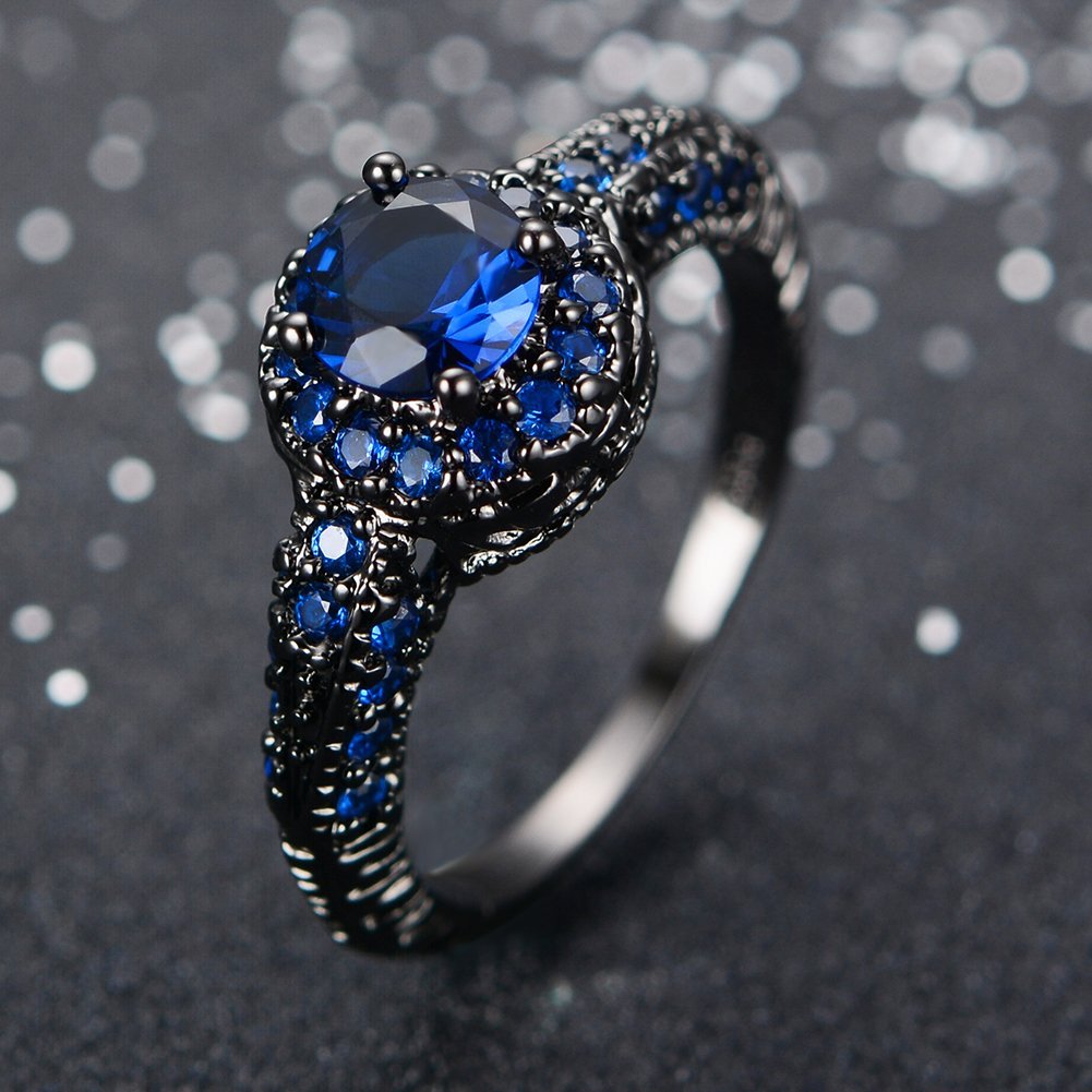 JunXin Delicate 6MM Round Shape Blue Sapphire Black Gold Halo Rings Wedding Size6/7/8/9/10(7)