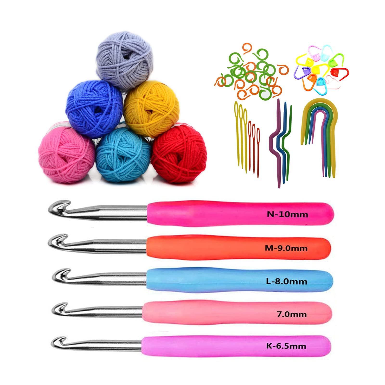 Katech Crochet Hooks Yarn Kit Includes 5 pcs Crochet Hooks and 6 pcs Random Colors Yarn Skeins, Ergonomic Crochet Needle Yarn Set for Making Socks, Scarf, SweaterL8