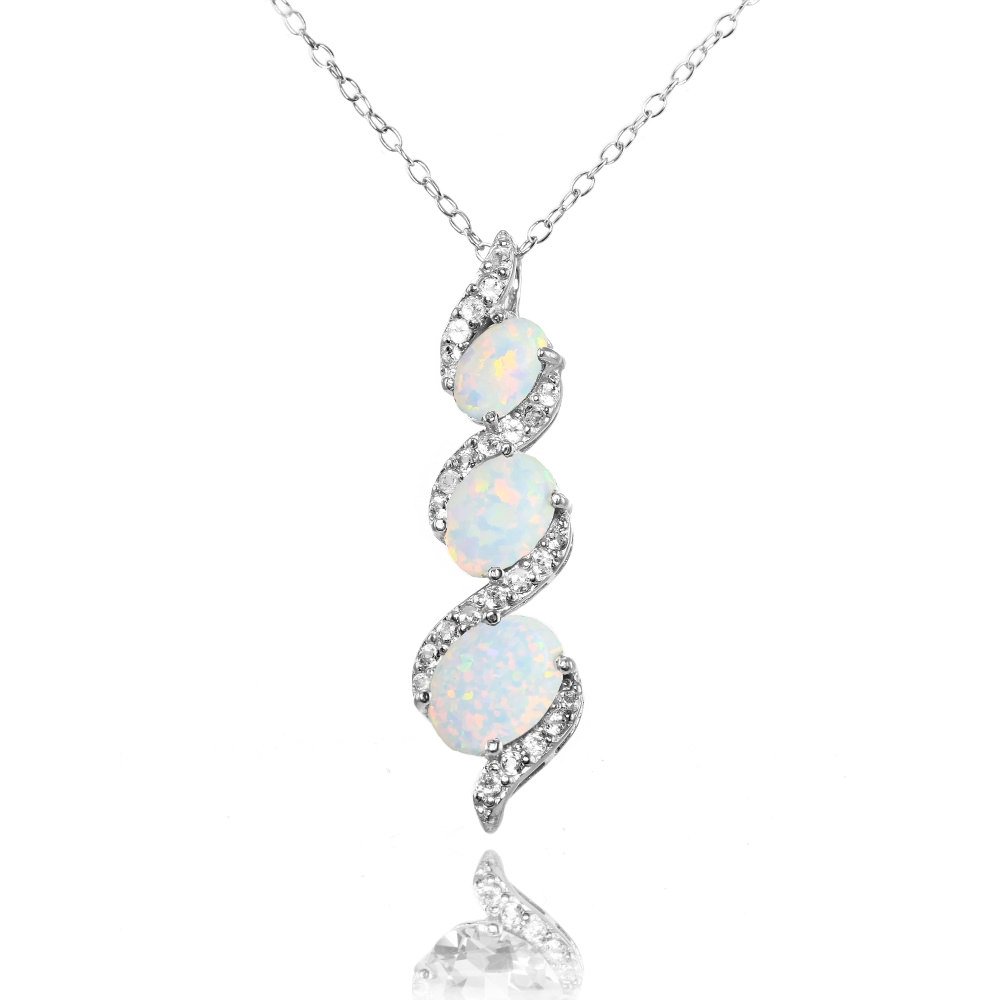 Ice Gems Sterling Silver Simulated White Opal and White Topaz Oval S Design Three-Stone Journey Necklace