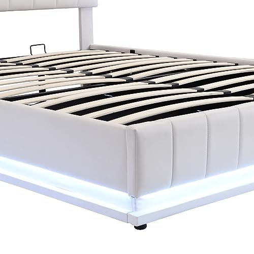 SIYSNKSI Queen Size Upholstered Bed with Hydraulic Storage System and LED Light, PU Leather Upholstered Platform Bed Frame with Adjustable Headboard and USB Ports for Kids Teens Adult Bedroom