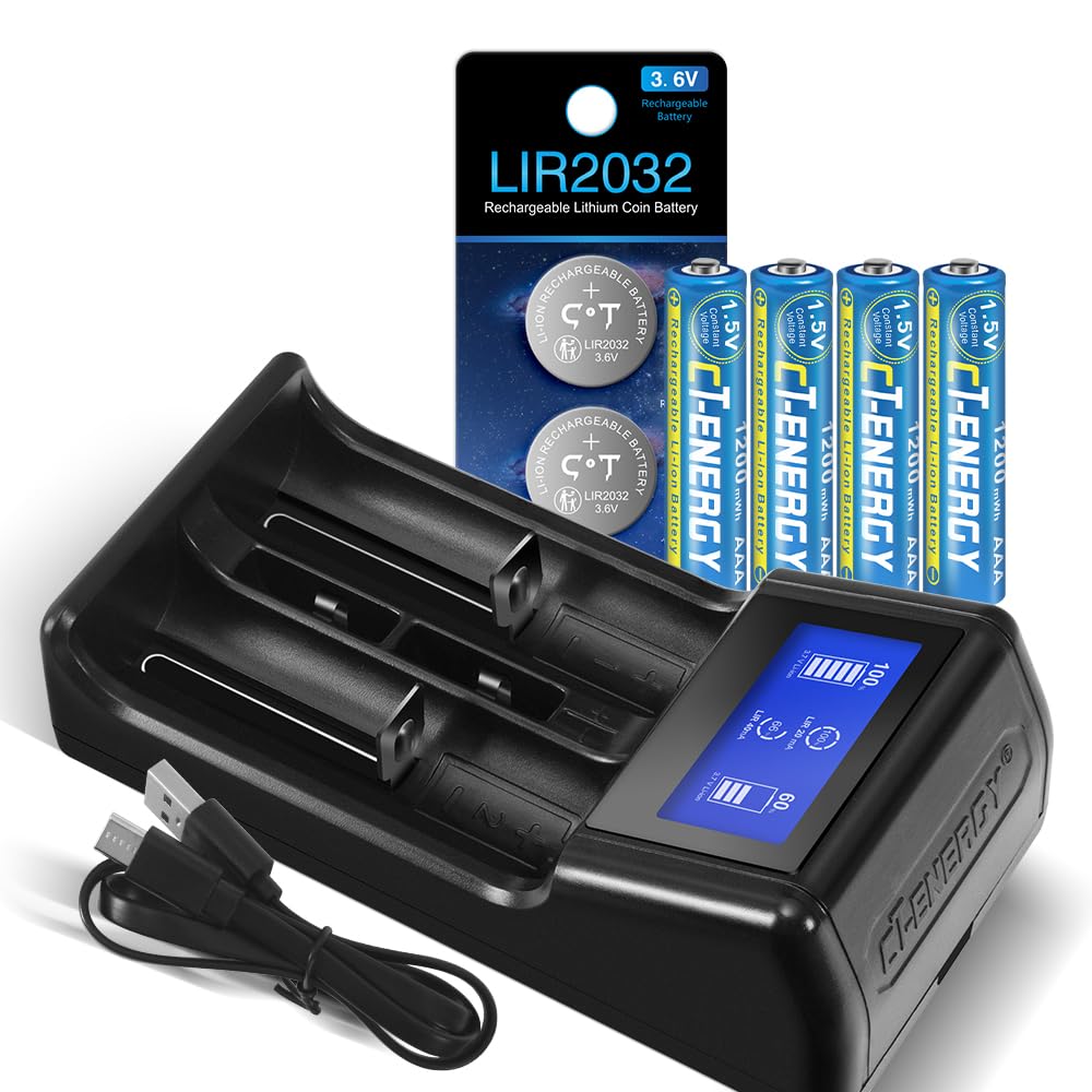 Rechargeable AAA Batteries 4 Pack with Smart Battery Charger and LIR2032 Batteries 2 Pack,1.5V Rechargeable Triple A Lithium Battery 1200mWh,Universal Battery Charger for Lithium/Ni-mh/Ni-cd