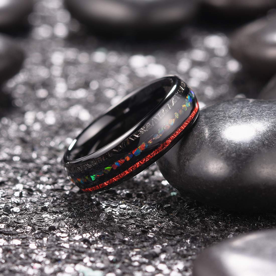 King Will Nature 6mm Black Tungsten Carbide Ring for Men Wedding Band Red Inlay