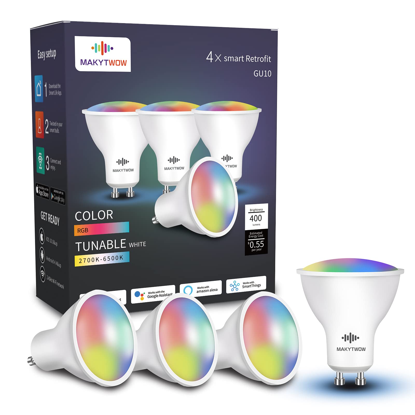MAKYTWOW GU10 Smart Light Bulb, 5W=50W, Compatible with Alexa, Google Home & SmartThings, Color Changing, LED Wi-Fi Spotlight Bulbs,Dimmable, No Hub Required, Only 2.4GHz,4 Pack