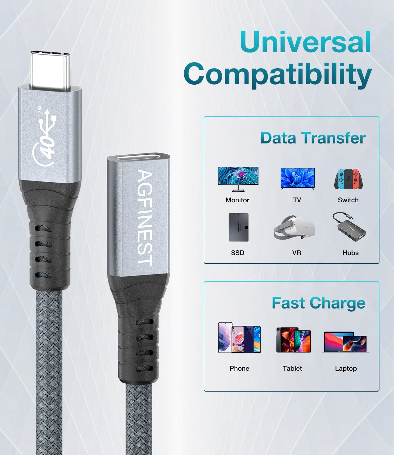 USB4 Extension Cable , Thunderbolt 4 Extension Cable Supports 40Gbps Data Transfer / 100W Fast Charging / 8K@60Hz or Dual 4K Video, Compatible with All USB C Devices,Docks,eGpu (Straight, 1.64FT)