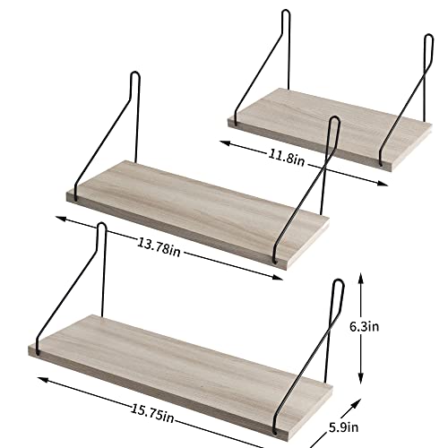 YOYAI Set of 3 Rustic Wood Wall Shelf Wall Mounted Floating Wooden Shelves Wall Decor Organizer Living Room Bedroom Kitchen(Gray)