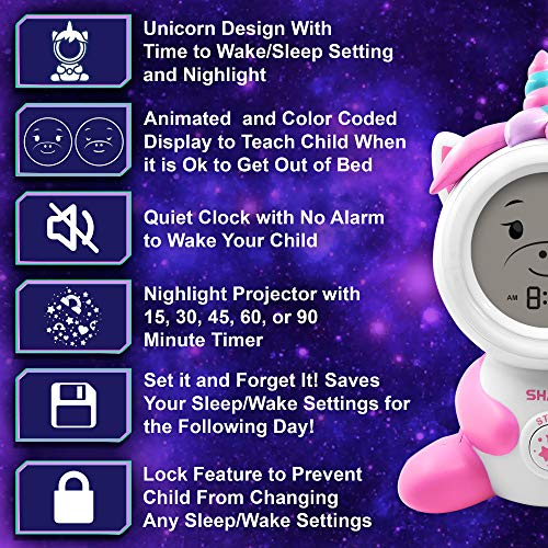 Sharp Ready to Wake Unicorn Sleep Trainer, Kid’s Alarm Clock for Ready to Rise, Ceiling Projection Nightlight and “Off-to-Bed” Feature – Simple to Set and Use! Pink, White