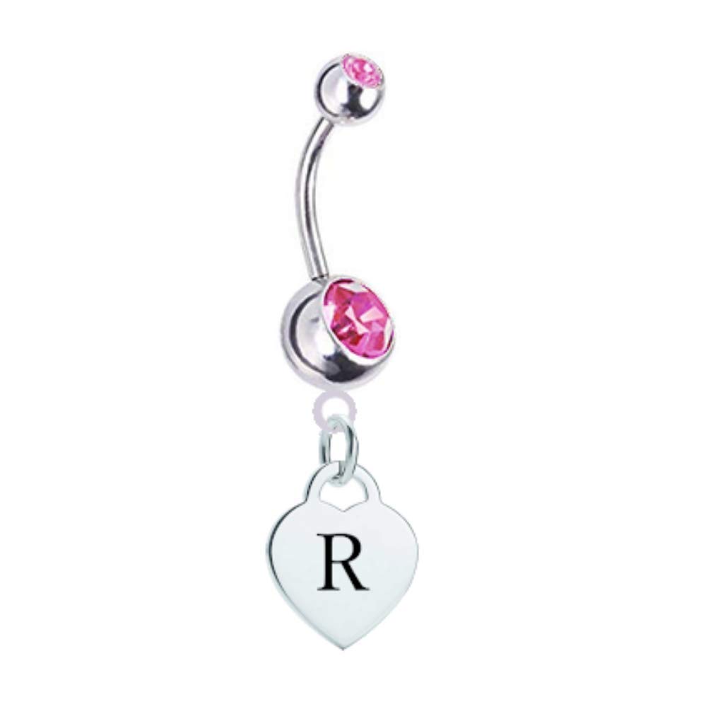 Letter R Silver Heart with Pink CZ Crystal Silver Belly Button Ring