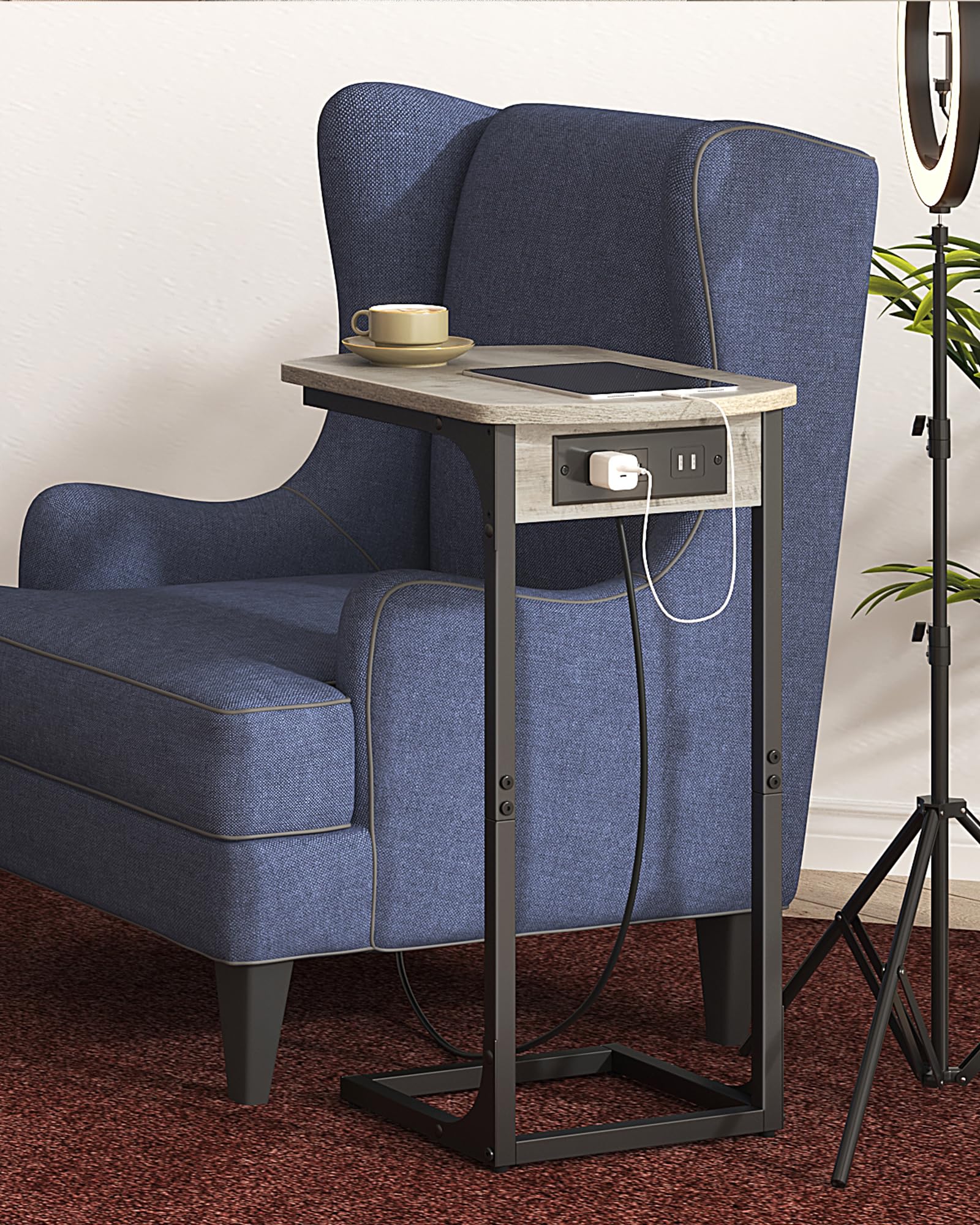 Hzuaneri L Shaped End Table with Charging Station, Bed Side Table with USB Port & Outlet, Couch Table, C Snack Table for Living Room, Bedroom, Greige and Black ET04905B