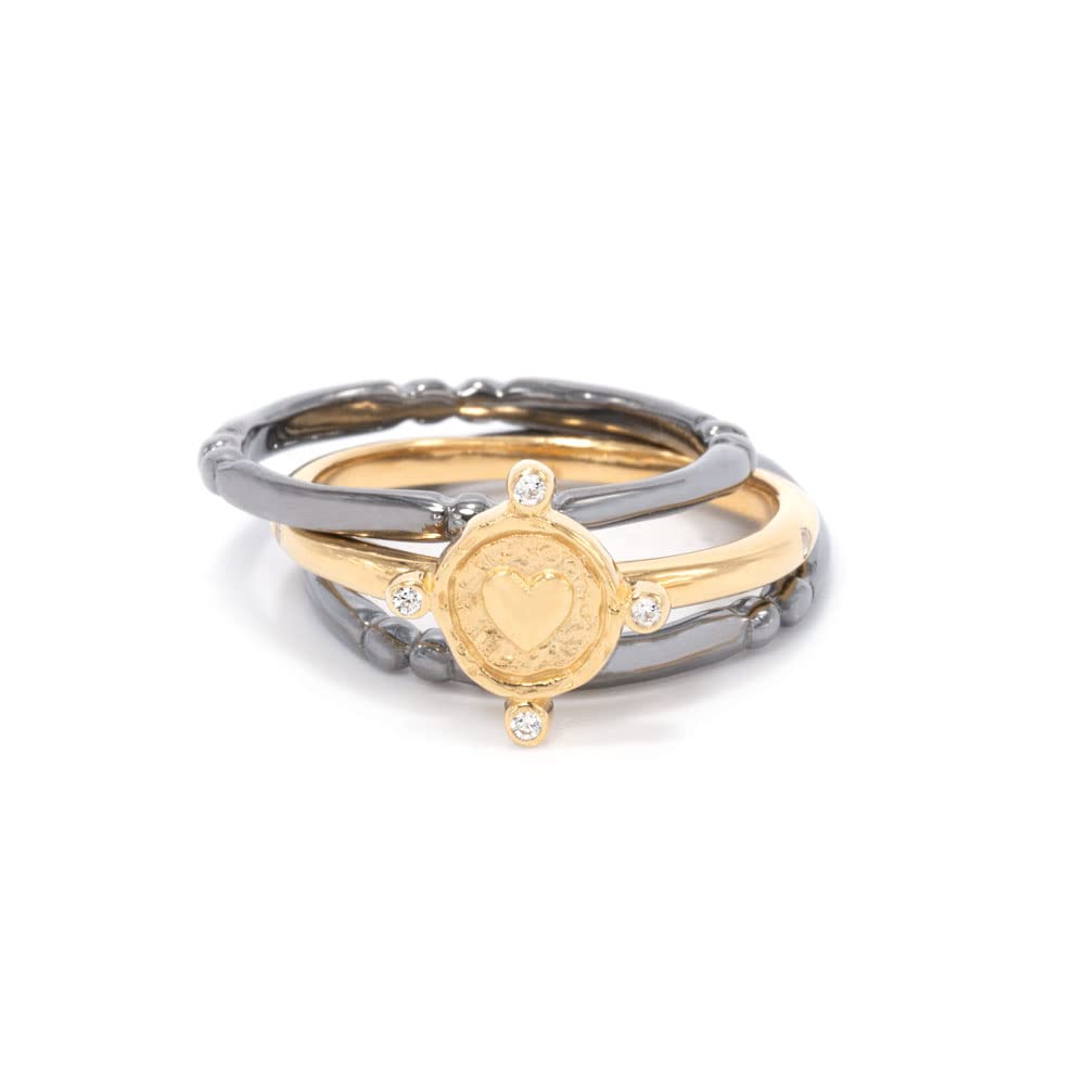 New Beginnings by Janyl Adair - Black Rhodium and Yellow Gold Plated .925 Sterling Silver White Zircon Set of 3 Stackable Stacker Rings - Size 7