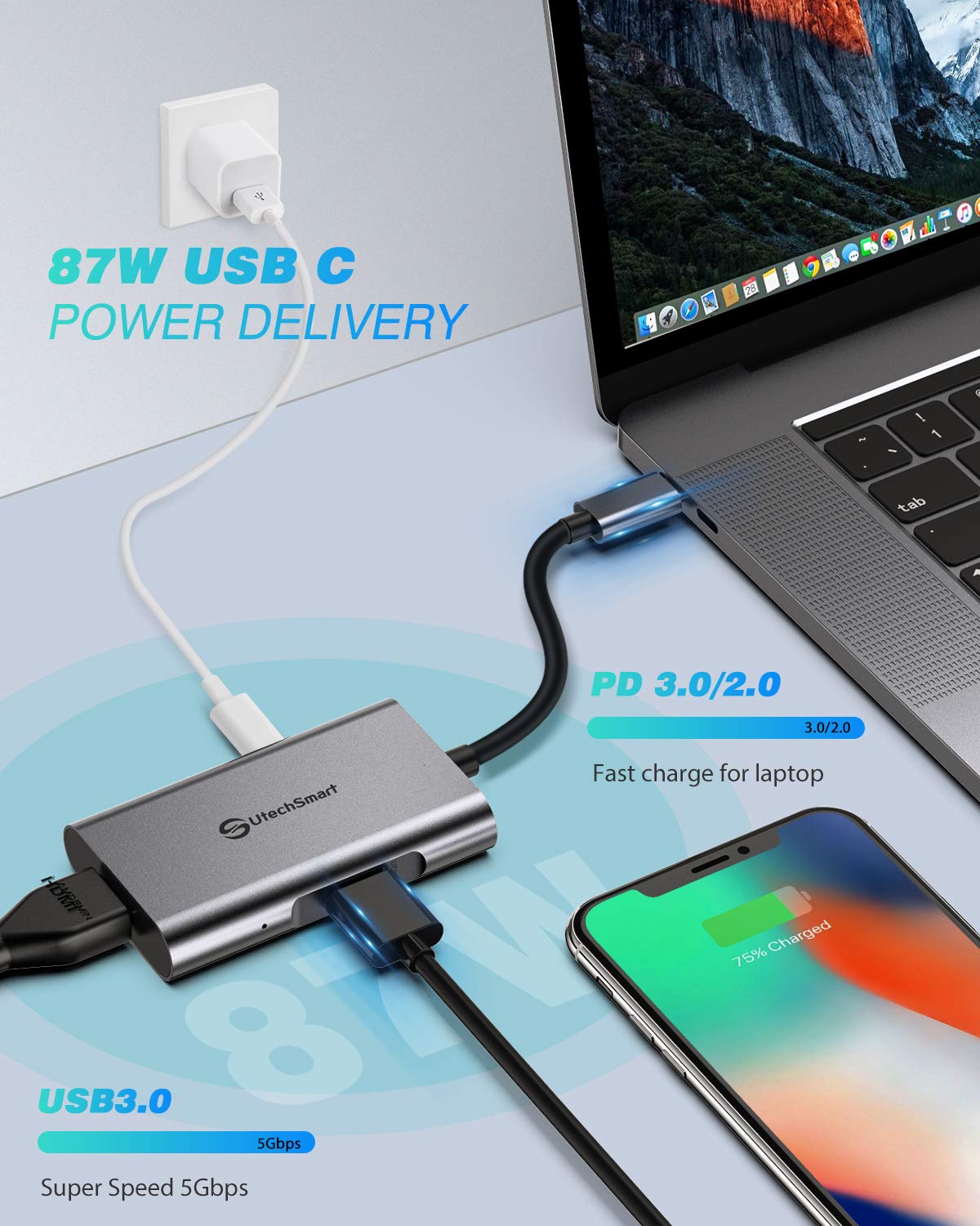 UtechSmart USB Hub, 4-Port USB 3.0 Hub, Ultra-Slim USB Adapter for Laptop, 5Gbps Fast Data Transfer, USB 3.0 Splitter for Dell, HP, MacBook (Grey)