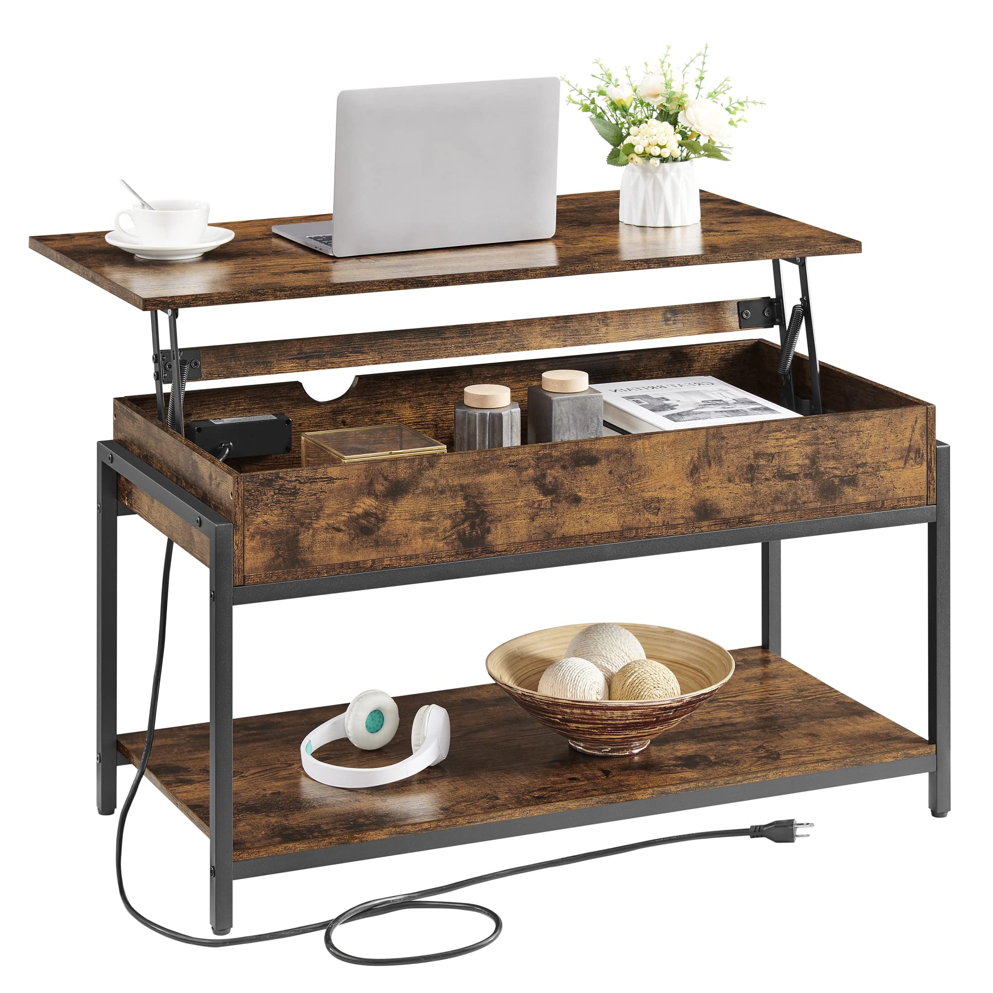 Hzuaneri Lift Top Coffee Table - with Charging Station, Modern Coffee Table with Hidden Compartment and Open Shelf, Metal Frame, for Living Room, Office Reception, Rustic Brown and Black 01701BCT