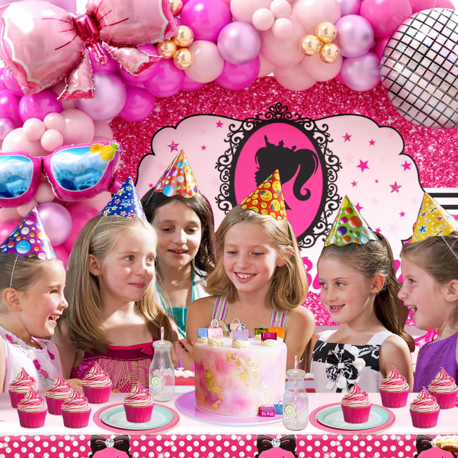 KELENO 137 Hot Pink Party Decorations Birthday Party Supplies Princess Balloon Garland Arch Kit Bow Disco Sunglass Lipstick Balloon Backdrop Tablecloth Baby Shower Bachelorette Girl Birthday Decor