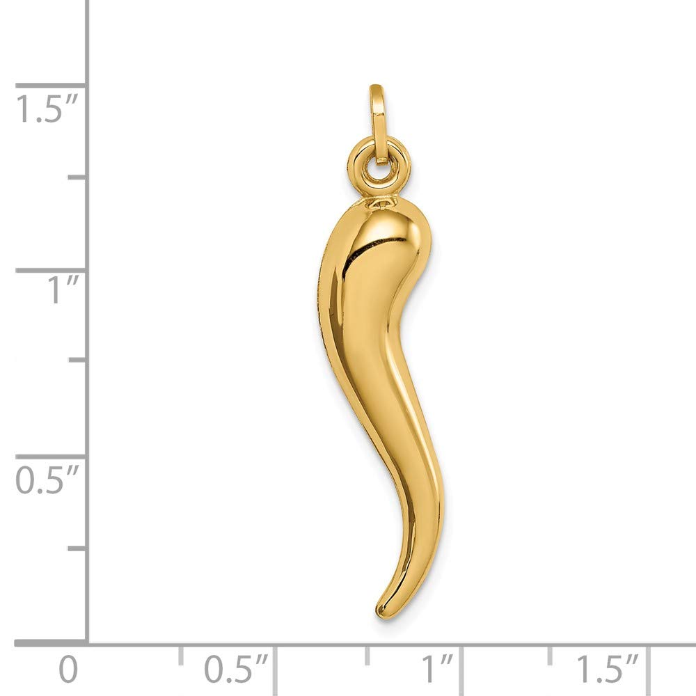 Jewelry Pilot 14K Yellow Gold Large Classic Cornicello Italian Horn Charm Pendant 40mm Tall and 8mm Wide