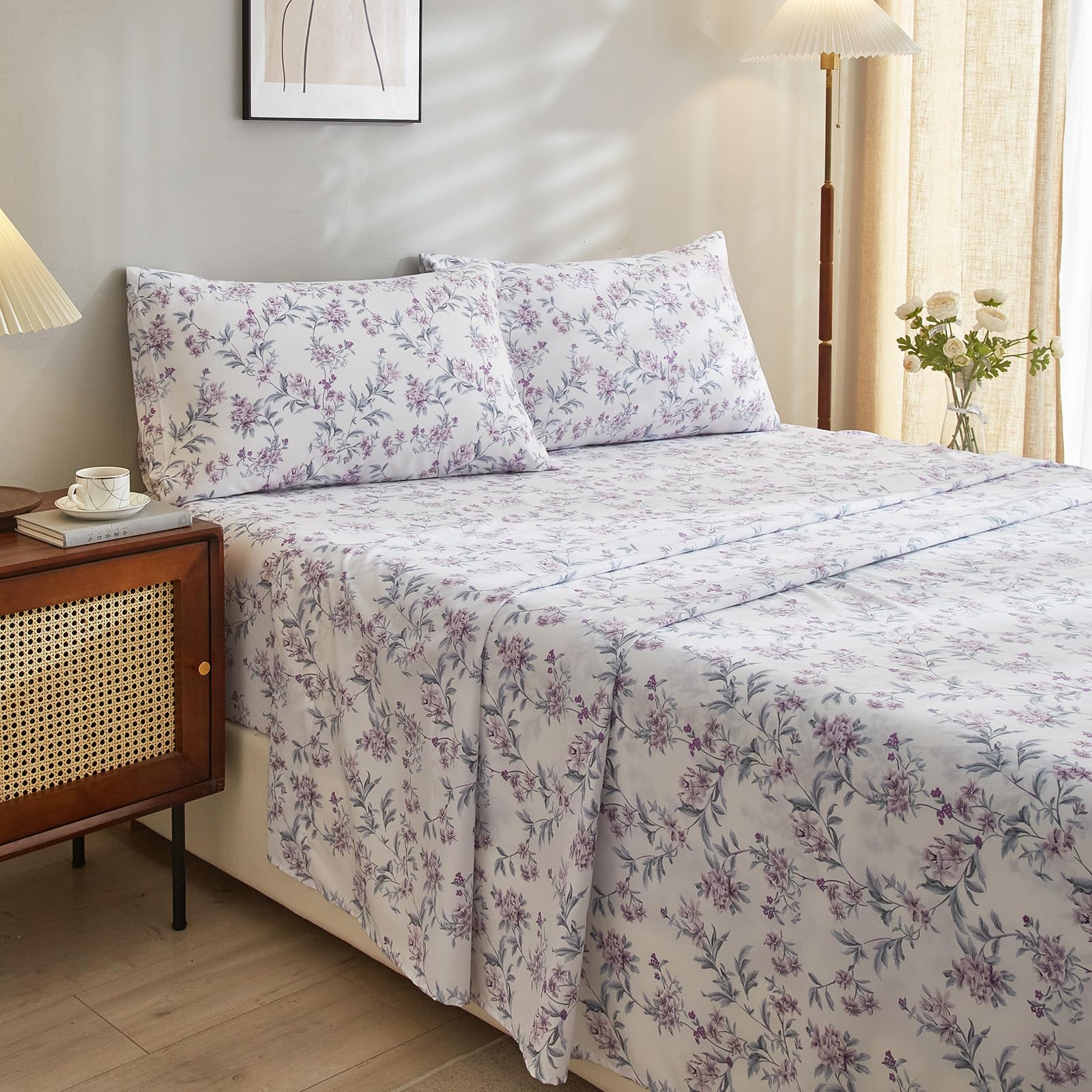 VClife Modern Girl Floral Printed Sheets Cooling Soft Washed Microfiber Pink Green Floral Branches King Size Bed Sheets 16" Extra Deep Pocket Design Bedding Sets - Shrink Resistant, Skin-Friendly