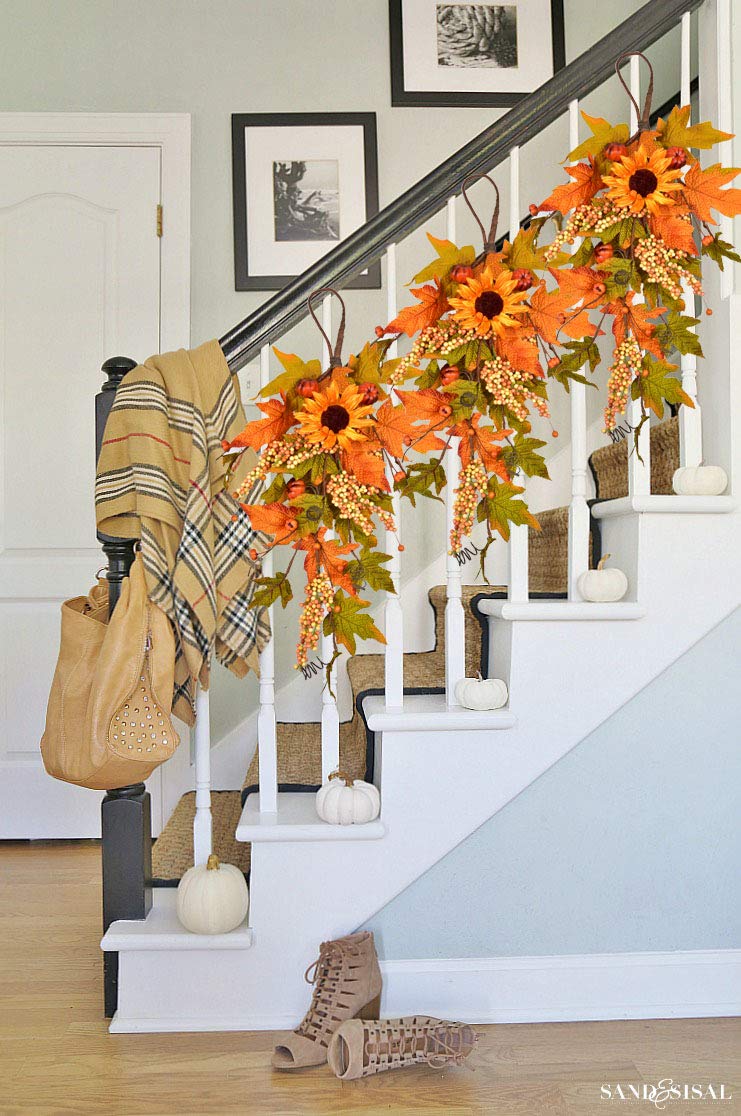 LSKYTOP 19" Artificial Sunflowers Pumpkins Maple Leaves Berries Fall Harvest Swag Autumn Swag for Thanksgiving Christmas Halloween Wall Fall Decor