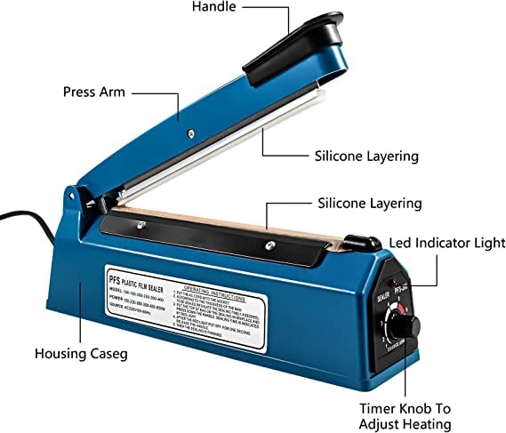 JIMBOH Impulse Sealer 8 Inch Manual Mini Bag Sealer Heavy Duty Heat Sealer Machine with Extra Replace Element Grip Manual Plastic Bags Sealer for Sealing Foods, PE & PP Bags