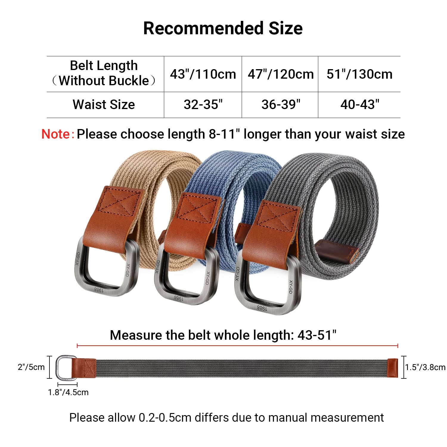 ITIEZY Mens Canvas Belts, Cloth Fabric Web Belt 1 1/2" for Casual Jeans, Double D Ring Adjustable Belt Grey for Men & Women