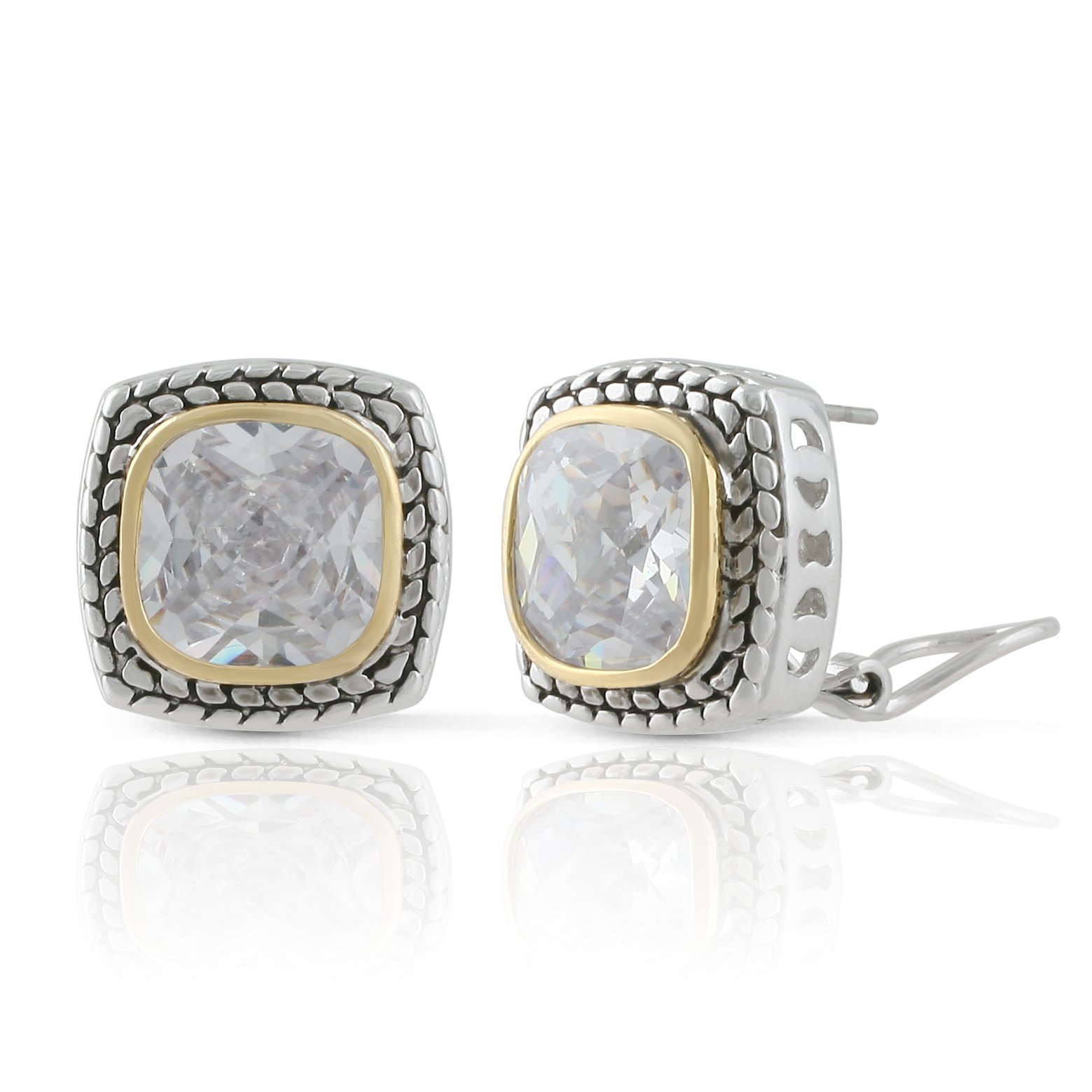 JanKuo Jewelry Two Tone Vintage Style Cubic Zirconia French Clip Earrings