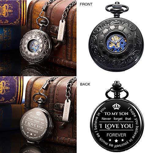 ManChDa Mechanical to My Son Double Cover Roman Numerals Dial Skeleton Personalized Engraved Pocket Watches