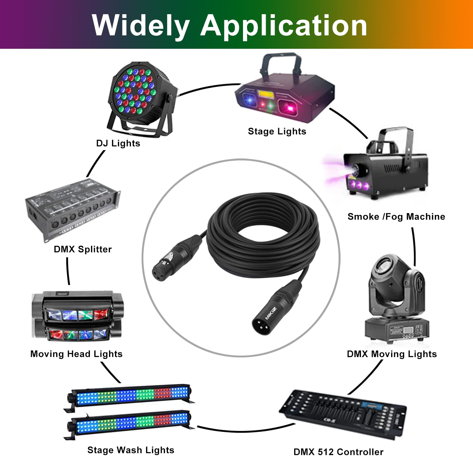 MIKIZ DMX Cables 50 Ft 2 Packs - Pro 3 Pins DMX Male to Female Stage Signal Lighting Cables