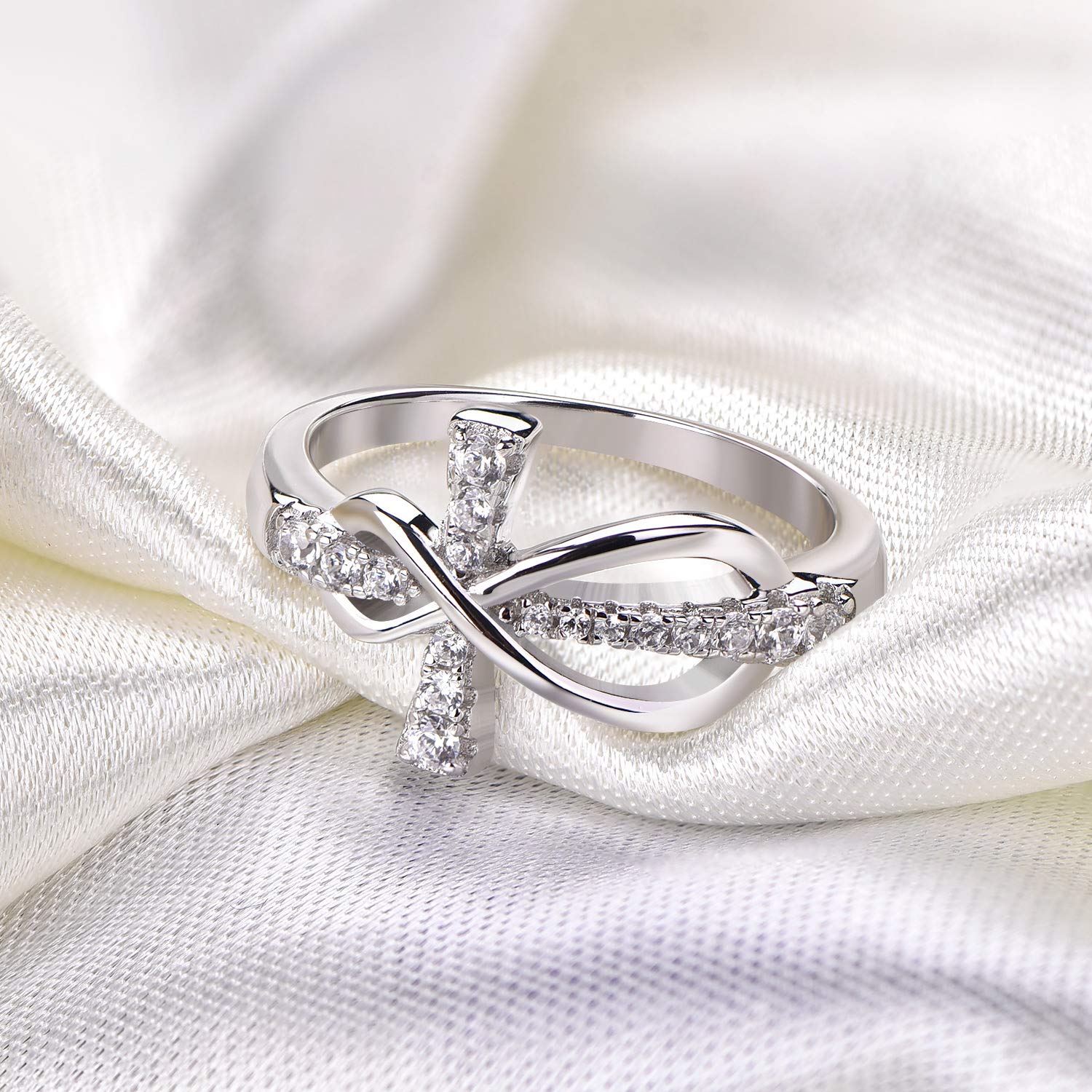 JO WISDOM 925 Sterling Silver Cubic Zirconia Cross Infinity Ring Size 7