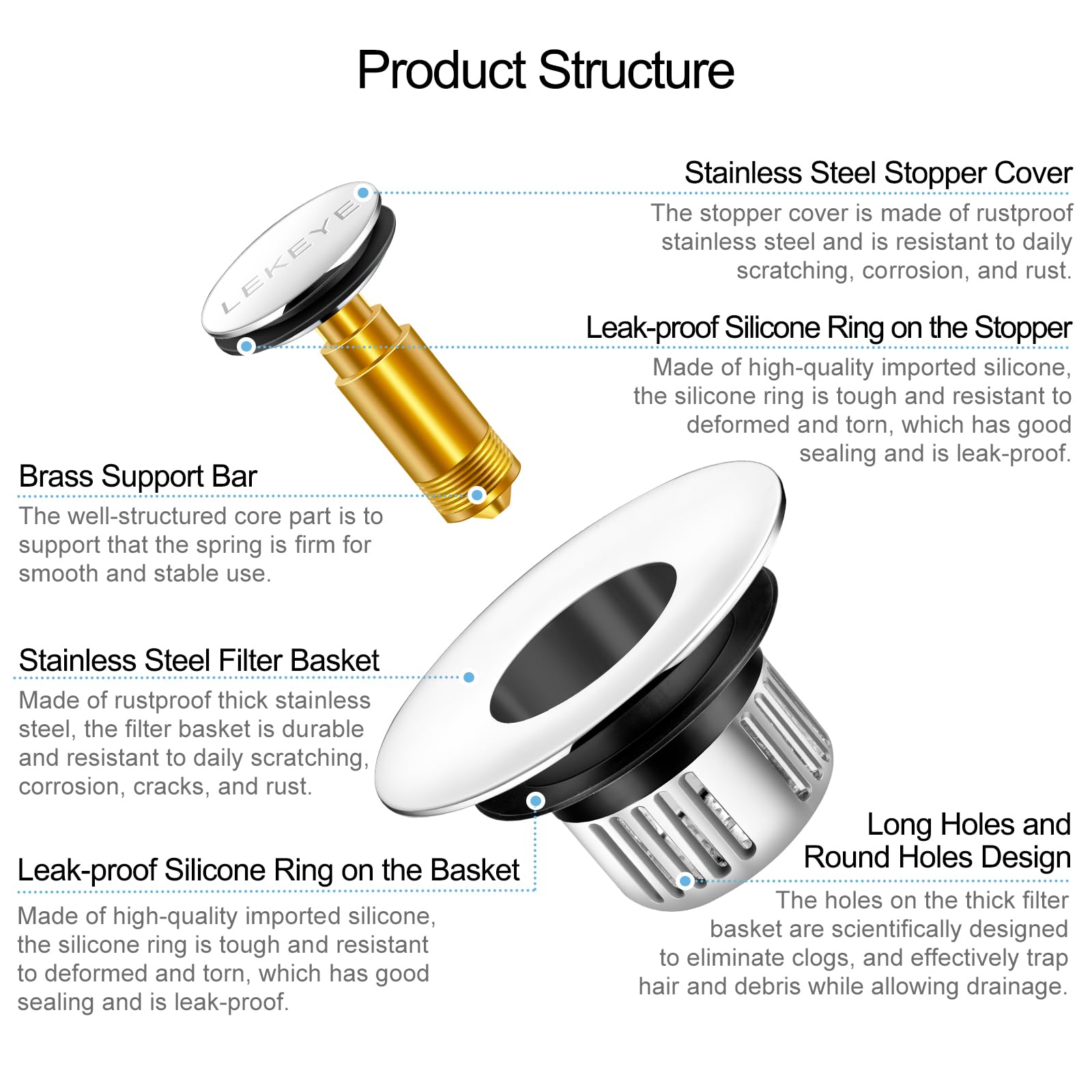 LEKEYE Shower Drain Hair Catcher | Bathtub Stopper | Pop Up Bathroom Sink Stopper | Drain Plug with Filter Hair Catcher