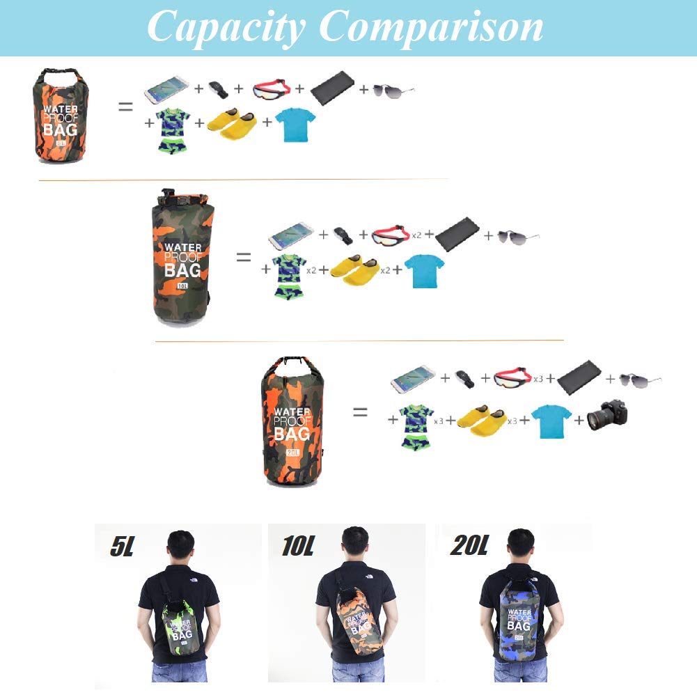 HYCOPROT Waterproof Dry Bag 5L/10L/15L, Floating Waterproof Backpack with Single Double Shoulder Strap Camo Rucksack for Kayaking Swimming Boating Fishing Travelling Camping Outdoors (10L, Green)