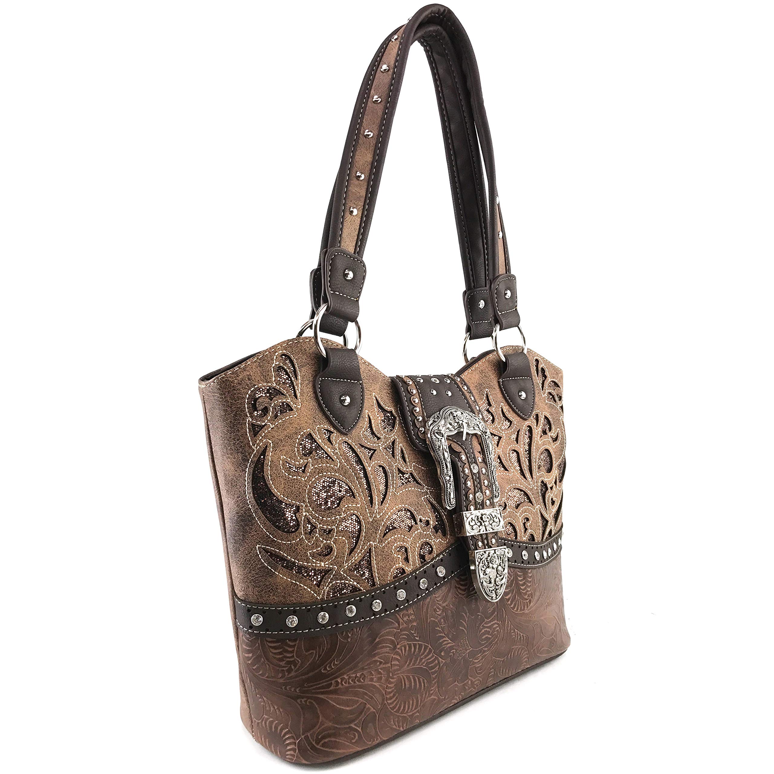 Justin West Tooled Laser Cut Leather Floral Embroidery Rhinestone Buckle Studded Shoulder Concealed Carry Tote Style Handbag Purse (Brown Brown Purse)